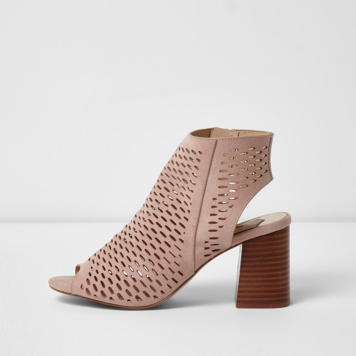 Light Pink Laser Cut Block Heel Sandals Shoes And Boots Sale Women