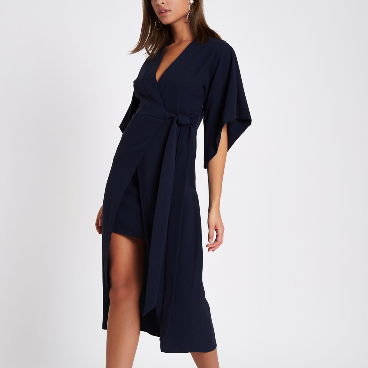 Navy Wrap Front Kimono Sleeve Midi Dress Dresses Sale Women